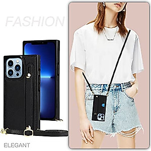 CCSmall for iPhone 13 Mini Wallet Case for Women,Removable Adjustable Strap Crossbody Card Holders Cover Neck Strap Lanyard Purse Shoulder Strap Kickstand Purse Case for iPhone 13 Mini KB Black