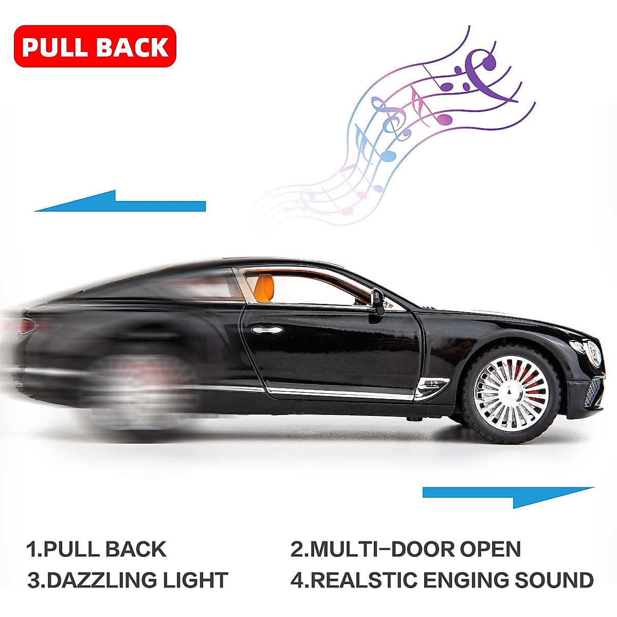 WAKAKAC Compatible for 1/24 Bentley Continental GT Model Car Alloy Diecast Toy Car Collectible Pull Back Toy Vehicles with Sound and Light Door Can Be Opened for Girls Boys Gift(Black)