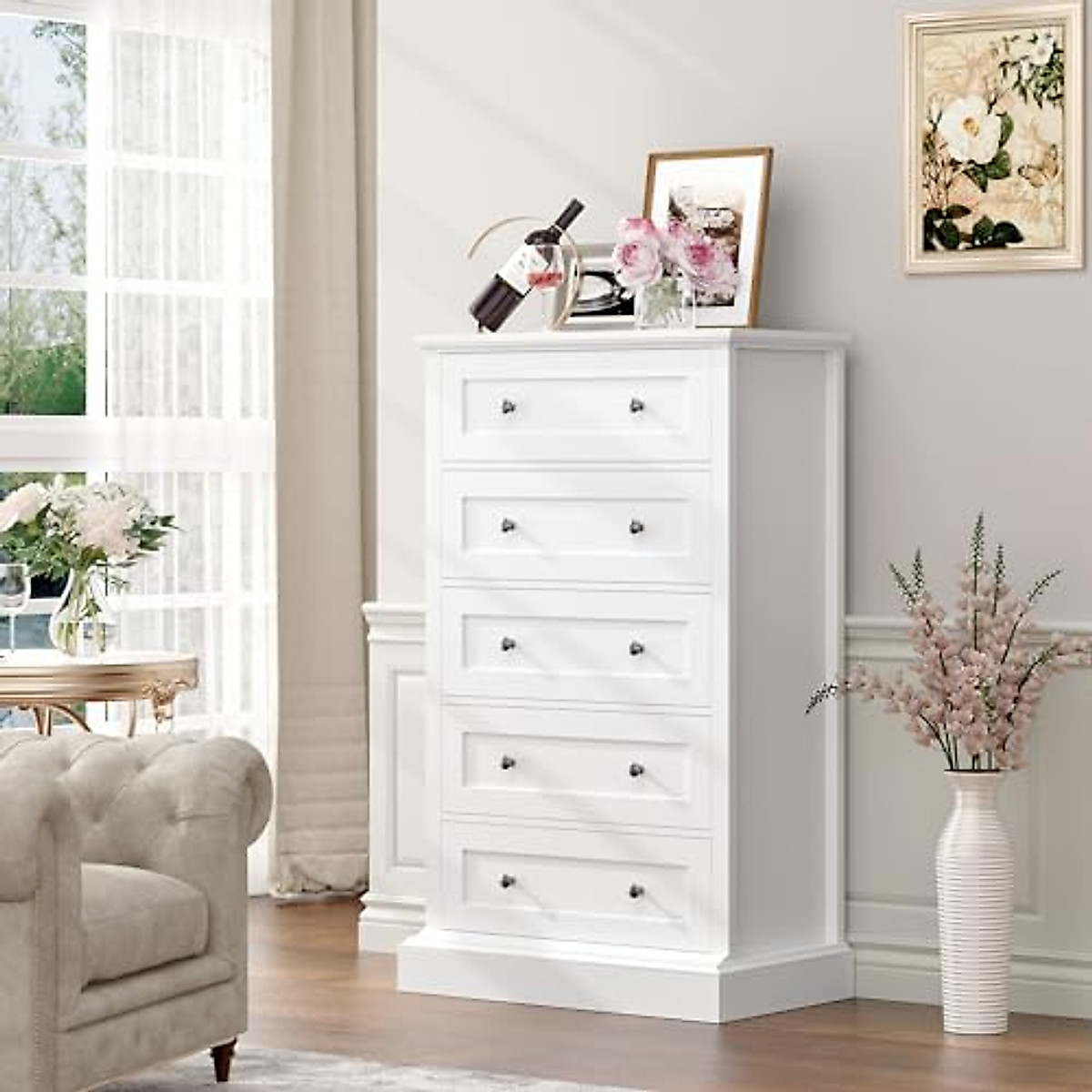 FACBOTALL 5 Drawer Dresser, 47.2" Tall White Dresser with 5 Drawers, Chest of Drawers Cabinet Wood Dresser for Hallway Living Room