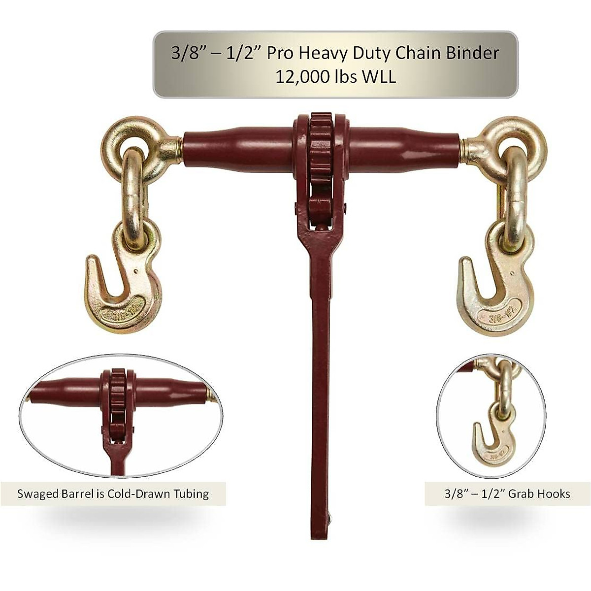 Mytee Products 4 Pack 3/8" - 1/2" Pro Heavy Duty Ratchet Load Chain Binder with with Grab Hooks - 12,000 Lbs Working Load Limit - Heavy Swaged Barrel Cold-Drawn Tubing for Increased Strength