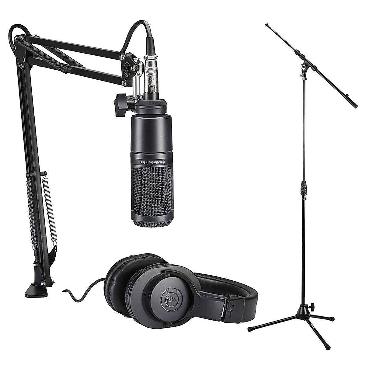 Audio-Technica AT2020 Podcasting Studio Microphone Pack with ATH-M20x Headphones, Boom & XLR Cable Bundle with H&A Tripod Microphone Stand with Telescoping Boom
