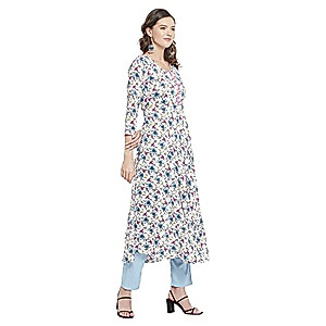 Tissu Women's Rayon White & Blue Floral Printed A-Line Kurta 2134_White_5XL