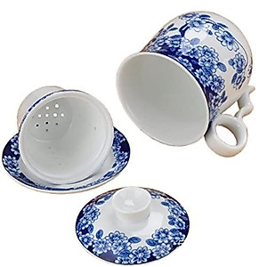 BandTie Convenient Travel Office Loose Leaf Tea Brewing System-Chinese Jingdezhen Blue and White Porcelain Tea Cup Infuser 4-Piece Set with Tea Cup Lid and Saucer (Butterfly Flower Pattern)
