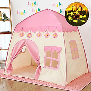 Princess Castle Play Tent with Lights Kids Teepee Tent Large Children Playhouse Oxford Fabric Children Playhouse for Indoor Outdoor with Carry Bag Portable Playhouse Boys & Girls Birthday Gift (Pink)