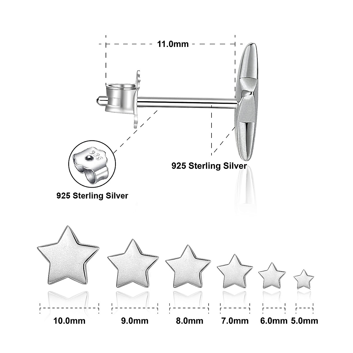 925 Sterling Silver Star Stud Earrings 5mm-10mm Options, Stars Studs Brushed Finish Design Hypoallergenic Jewelry (5mm)