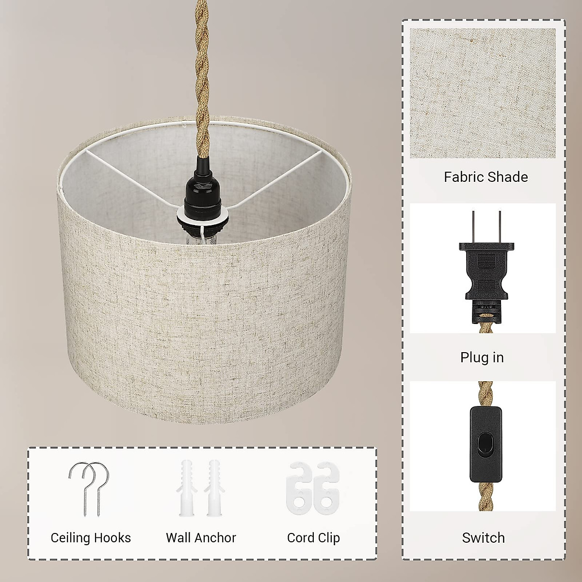 EDISHINE 2 Pack Plug in Pendant Light Boho Hanging Lamp, Hanging Lights with 15FT Hemp Rope Cord, Natural Linen Lamp Shade, Swag Lamp for Bedroom, Living Room, Dinning Room
