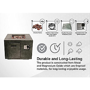 XBrand MgO & Metal 40,000 BTU Outdoor Propane Gas Smokeless Square Fire Pit Table with Volcanic Rocks & Rain Cover, 30 inch Wide, Gray