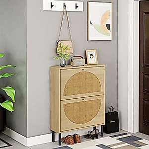 Goujxcy Natural Rattan Shoe Cabinet with 2 Flip Drawers, Modern 2-Tier Shoe Rack Storage Cabinet for Heels, Boots, Slippers, Free Standing Shoe Rack for Living Room Entrance Hallway (Brown-2 Door)