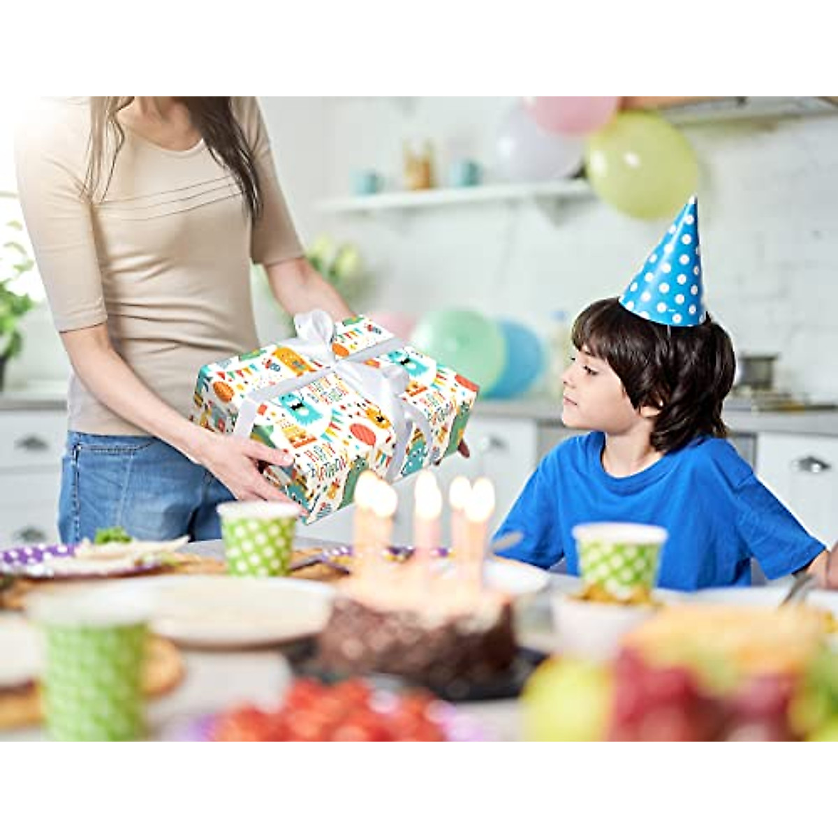 GIOLAINY Birthday Wrapping Paper for Kids Boys Girls Baby Shower - Gift Wrap with Funny Dogs, Cute Monster, llama and ''Happy Birthday'' Design - 8 Sheets (20 * 29 Inch per Sheet), Recyclable, Easy to Store, Not Roll