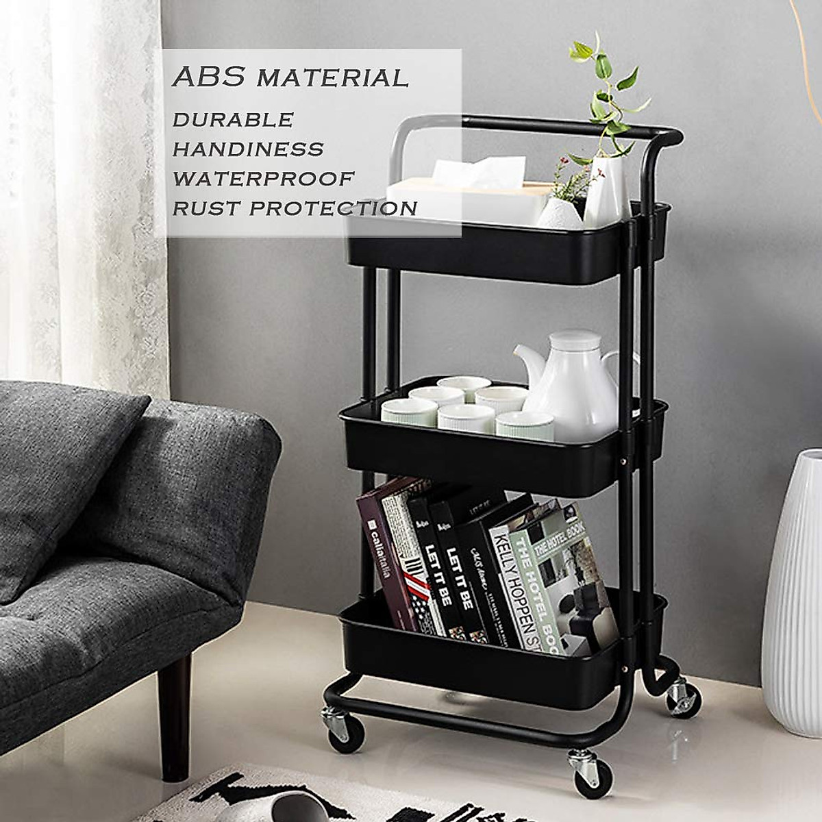 XGATML ALA7 3-Tier Rolling Utility Cart with Roller Wheels Service Cart with Handle Mobile Storage Organizer for Kitchen, Bathroom, Office, Coffee Bar(Black)