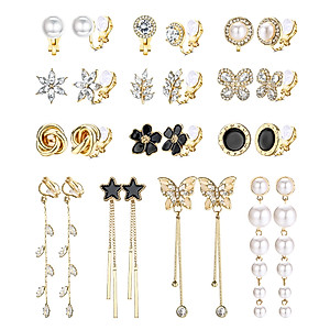 Sanfenly 13 Pairs Gold/Silver Clip on Earrings Set for Women Teen Girls Fashion CZ Faux Pearl Clip on Dangle Drop Earrings Non Piercing Earrings Jewelry Set, Metal, Cubic Zirconia