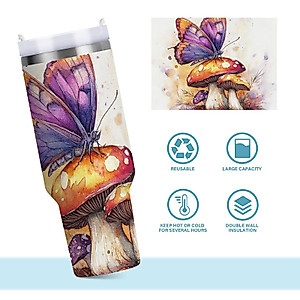 ALAZA Mushrooms Butterfly 40 oz Tumbler Water Bottle with Straw Lid and Handle,Reusable Insulated Stainless Steel Cup for Women Men Travel Car Cup Holder