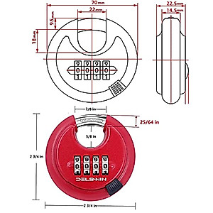 DELSWIN Outdoor Combination Padlock - 4 Digit Heavy Duty Disc Lock with Hardened Shackle,Combo Padlock for Gate,Storage Unit,Fence(25/64" Shackle, Red,2Pcs)