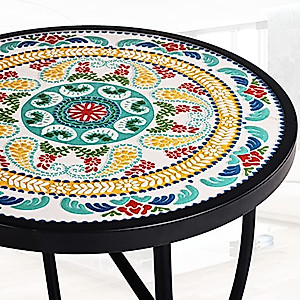 Elevon 14 Inch Round Side Ceramic Tile Top Indoor and Outdoor Accent Table, Pineapple