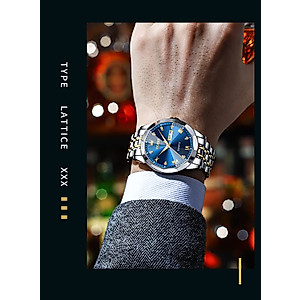 OLEVS Watch for Men Diamond Business Dress Analog Quartz Stainless Steel Waterproof Luminous Date Two Tone Luxury Casual Wrist Watch Blue