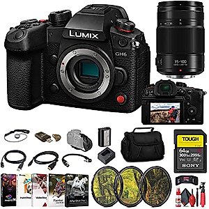 Panasonic Lumix GH6 Mirrorless Camera (DC-GH6BODY) + Panasonic 25mm Lens + Sony 64GB Tough SD Card + Filter Kit + Card Reader + Corel Photo Software + Case + Flex Tripod + Hand Strap + More (Renewed)