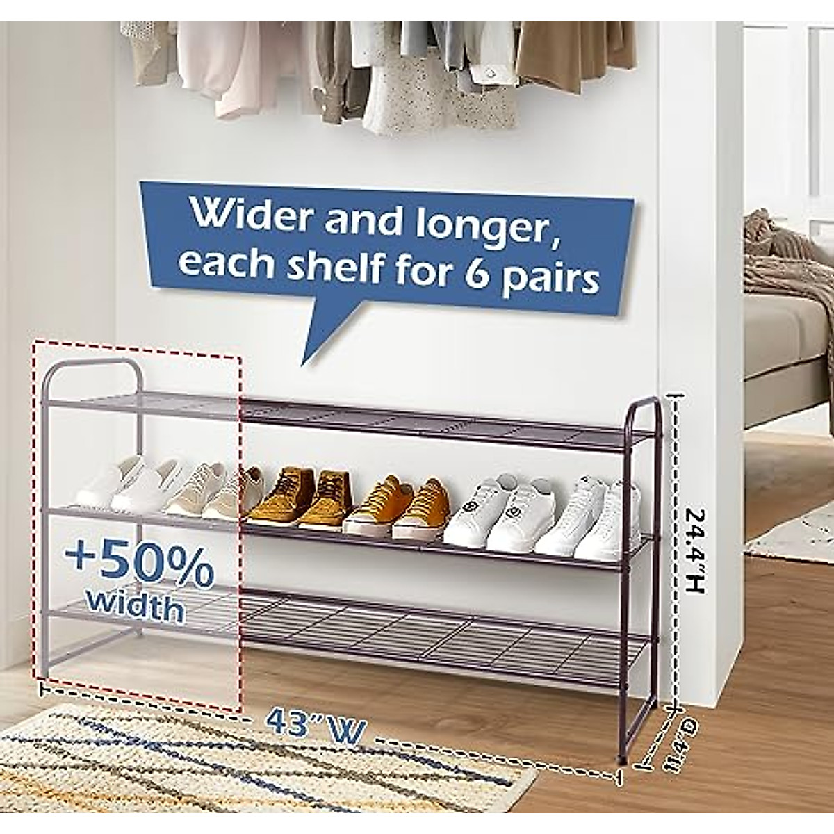 KEETDY Long 3-Tier Shoe Rack for Closet Floor Entryway, Wide Shoe Storage Organizer Stackable Metal Shoe Shelf for 24 Pairs Men Sneakers with Wire Grid for Bedroom, Bronze