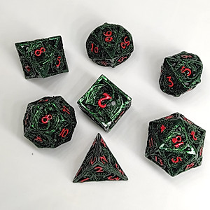 FOXBITE Green Hollow metal 7 Pcs Metal Dice Set D&D Dice Set, Polyhedral Dice Set for Dungeons and Dragons Dice, Blood Spattered Role Playing Dice Set, D+D RPG D and D Dice D20 D12(Rogue)
