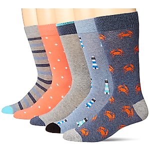 Amazon Essentials Mens Comfortable Patterned Dress Socks, 5 Pairs, Blue/Grey/Navy Crab/Orange Dots/Stripe, Size 8-12