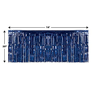 Beistle 1-Ply Metallic Plastic Foil Fringe Table Skirt Parade Floats, Mardi Gras Party, Birthday Decorations, Baby Shower Celebration, Wedding Reception, 30" x 14', Navy