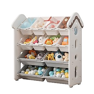 UNICOO Kids 4-Tier Toy Storage Organizer, Toy Organizer Shelf, Fun Candy House Design, Toy Shelves Organizer with 12 Bins, Toy Organizer Rack Durable and Safe HDPE Material