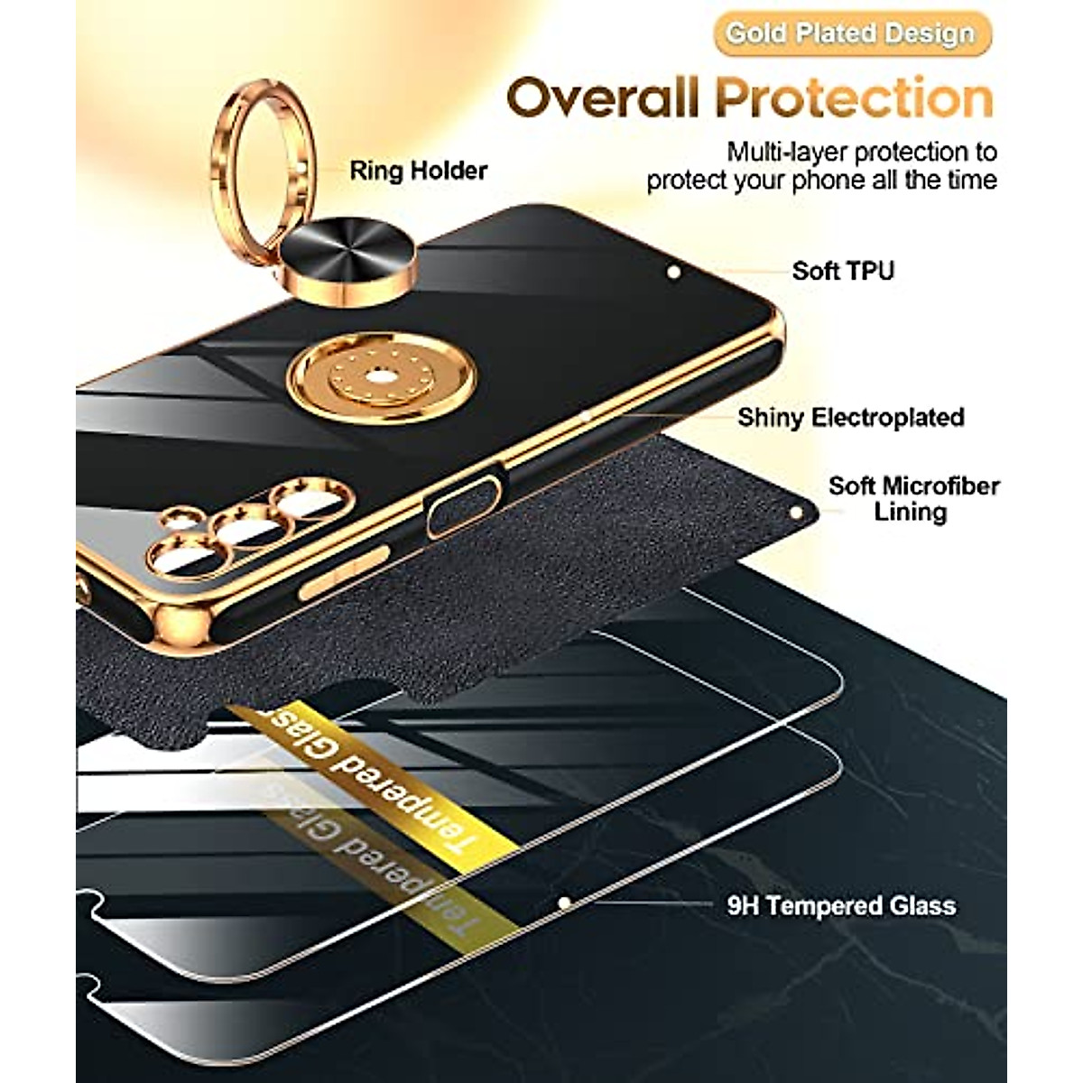 LeYi for Samsung Galaxy A14 5G Case: with 2 Pack Tempered Glass Screen Protector and 360° Rotatable Ring Holder Magnetic Kickstand, Plating Rose Gold Edge Protective Samsung A 14 5G Case, Black