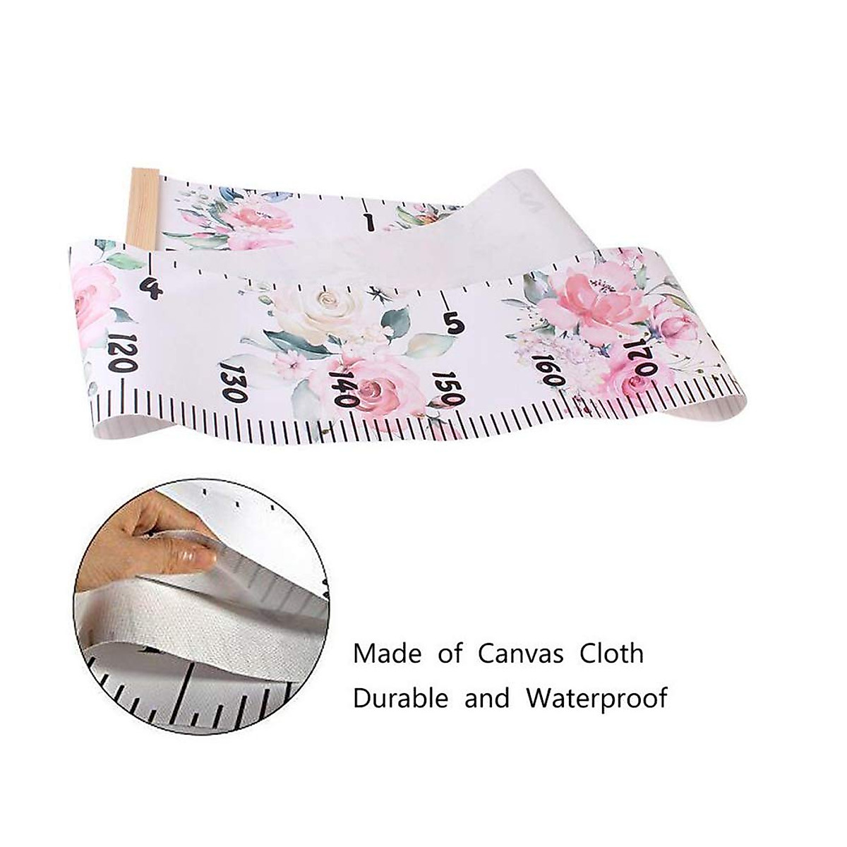 XINGZI Kids Baby Growth Chart Ruler 8 x 79 inch Wood Frame Height Measure Chart Canvas Pink Flower Hanging Removable Wall Ruler Wall Decor Nursery Decoration for Kids Girls Boys Toddlers Gift