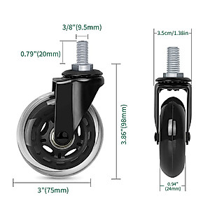 Toplimit 3 Inch Office Chair Wheels with Threaded Stem 3/8"-18UNC (Set of 5), Screw in Heavy Duty Rubber Caster Wheels, Safe for Wood Floor, Tile and Carpets