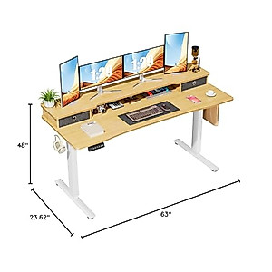 Sweetcrispy Electric Standing Desk Adjustable Height Stand Up Desk, 63 x 24 Inch Sit Stand Desk Adjustable Desk, Home Office Computer Desk with Storage Shelf, Double Drawer, Splice Board, Oak Desktop
