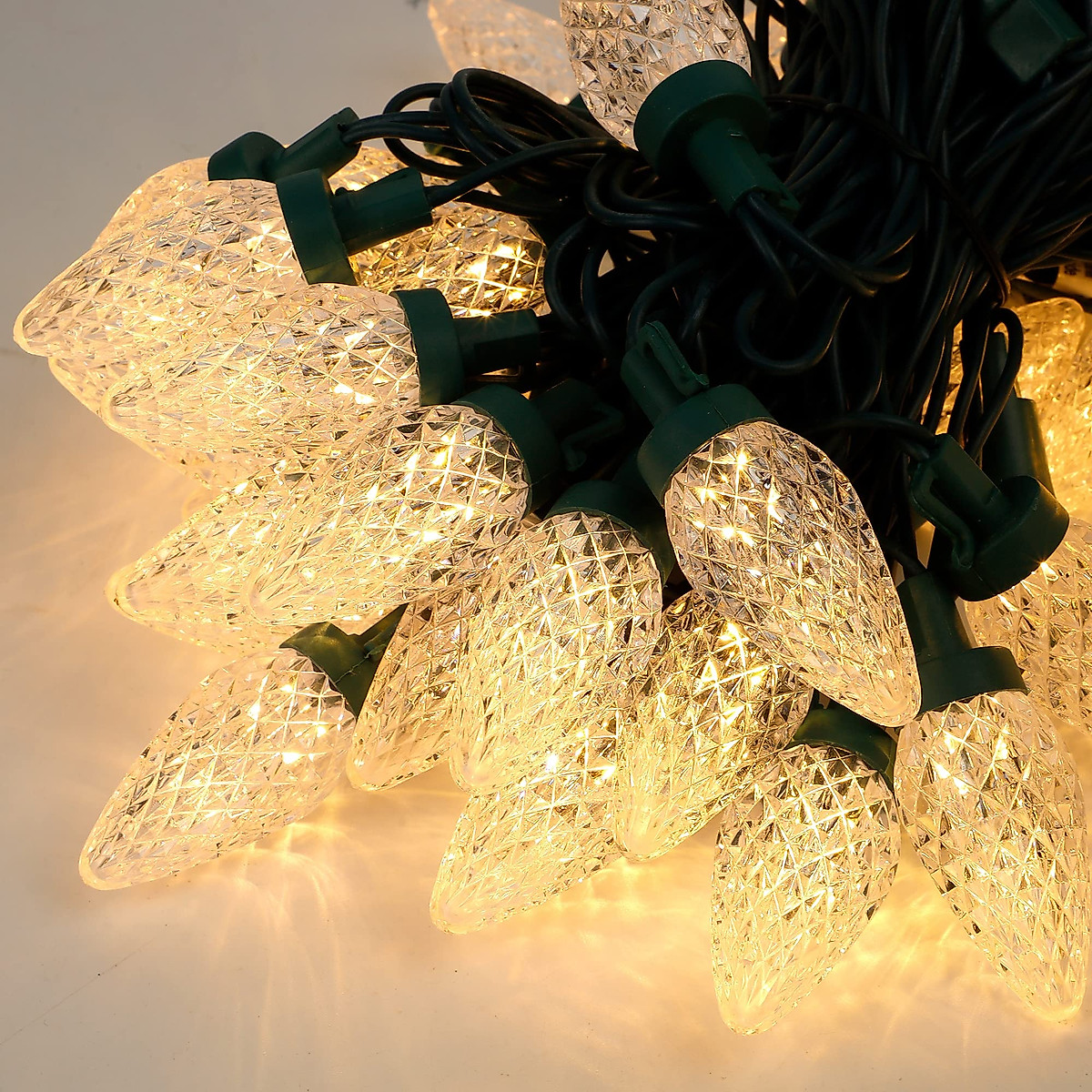 C9 Christmas Lights, 50 LEDs 24.5 FT Faceted String Lights Connectable Commercial Grade Indoor Outdoor, 120V UL Certified Xmas Strawberry Tree Light Strand for Garden Patio Parties, Warm White