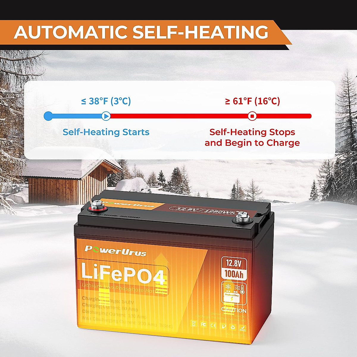 12V 100Ah Self-Heating LiFePO4 Lithium Battery with Smart APP, 4000+Cycle LiFePO4 Battery, Built-in 100A BMS, Wireless Real-Time Battery Monitor Function for RV, Marine, Off Grid Application