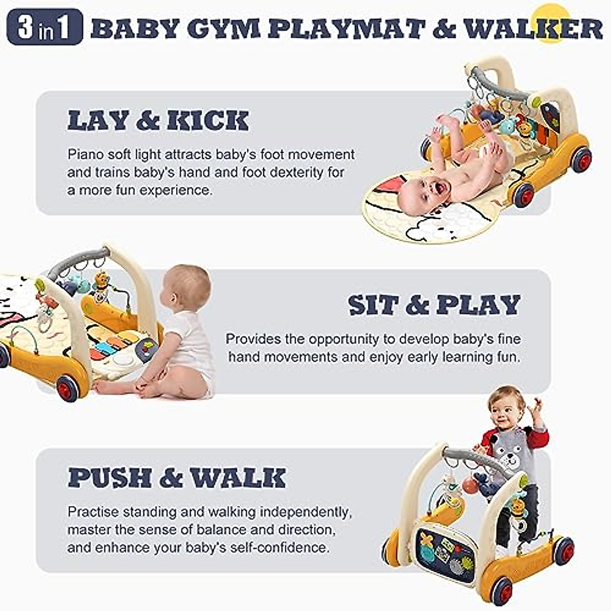 Losbenco Baby Gym Play Mat, 3-in-1 Baby Kick Piano Play Mat, Baby Tummy Time Playmat Musical Activity Center with Light for Infant Newborn Toddlers 0-12 Months