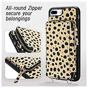 iPhone 8 Plus Crossbody Case, iPhone 7 Plus Wallet Case, ZVEdeng Zipper Wallet Card Holder Crossbody Strap Case for Women Leather Purse Case for iPhone 8 Plus/7 Plus 5.5'' Cheetah Print Skin