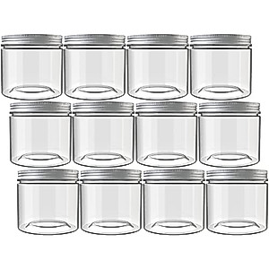 HoleviFO 14oz (420ml 12 Pack) Empty Clear Wide Mouth Plastic Jars with Silver Screw Lids and Labels - Round PET Containers for Food Storage and Dry Goods,Craft and More - BPA Free