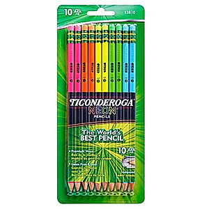 Ticonderoga Wood-Cased Pencils, #2 HB Soft, Pre-Sharpened, Neon, 10 Count (X13810)