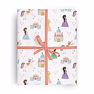 Princesses and Unicorns Girl Birthday Gift Wrap by Revel—Princess Wrapping Paper Folded flat, 27 x 39 inches