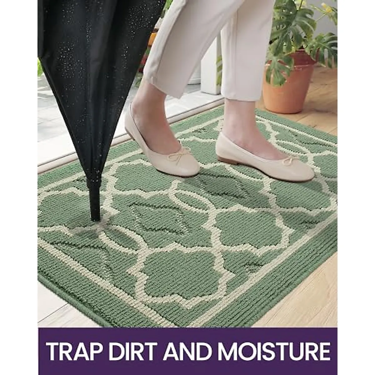 DEXI Door Mat 32x20, Non-Slip Low-Profile Entrance Mats, Absorbent Washable Front Back Doormats for Entryway, Inside Entry, High Traffic Areas, Green