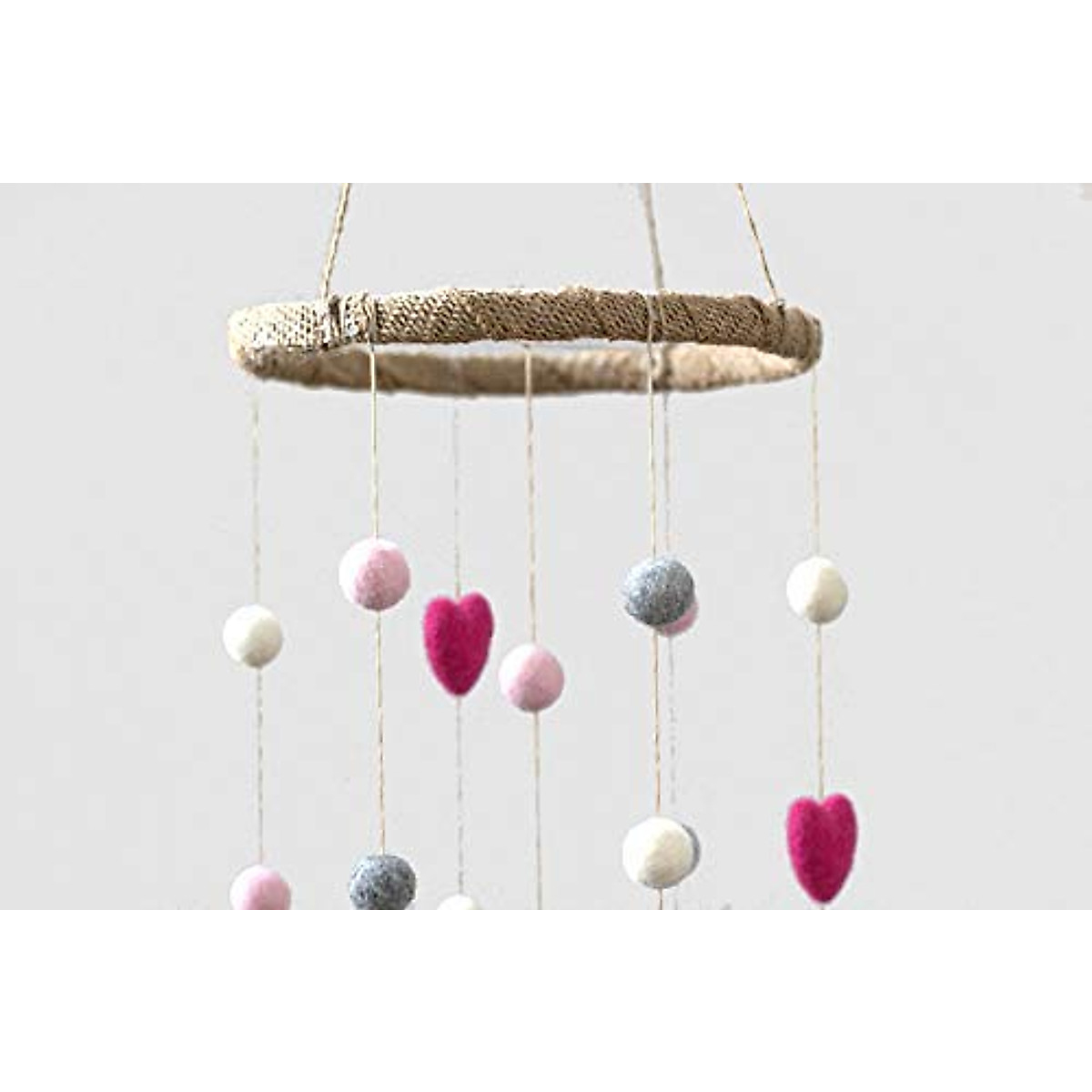 Felt Ball & Heart Nursery Ceiling Mobile- Hot Pink, Light Pink, Gray & White