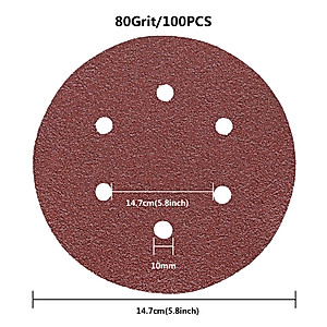 100 Pack 6 Inch 80 Grits Hook and Loop Sanding Disc 6 Holes Sand Paper for Random Orbital Sander Pads, Orbit Sander Sandpaper,Hook and Loop Round Sand Paper