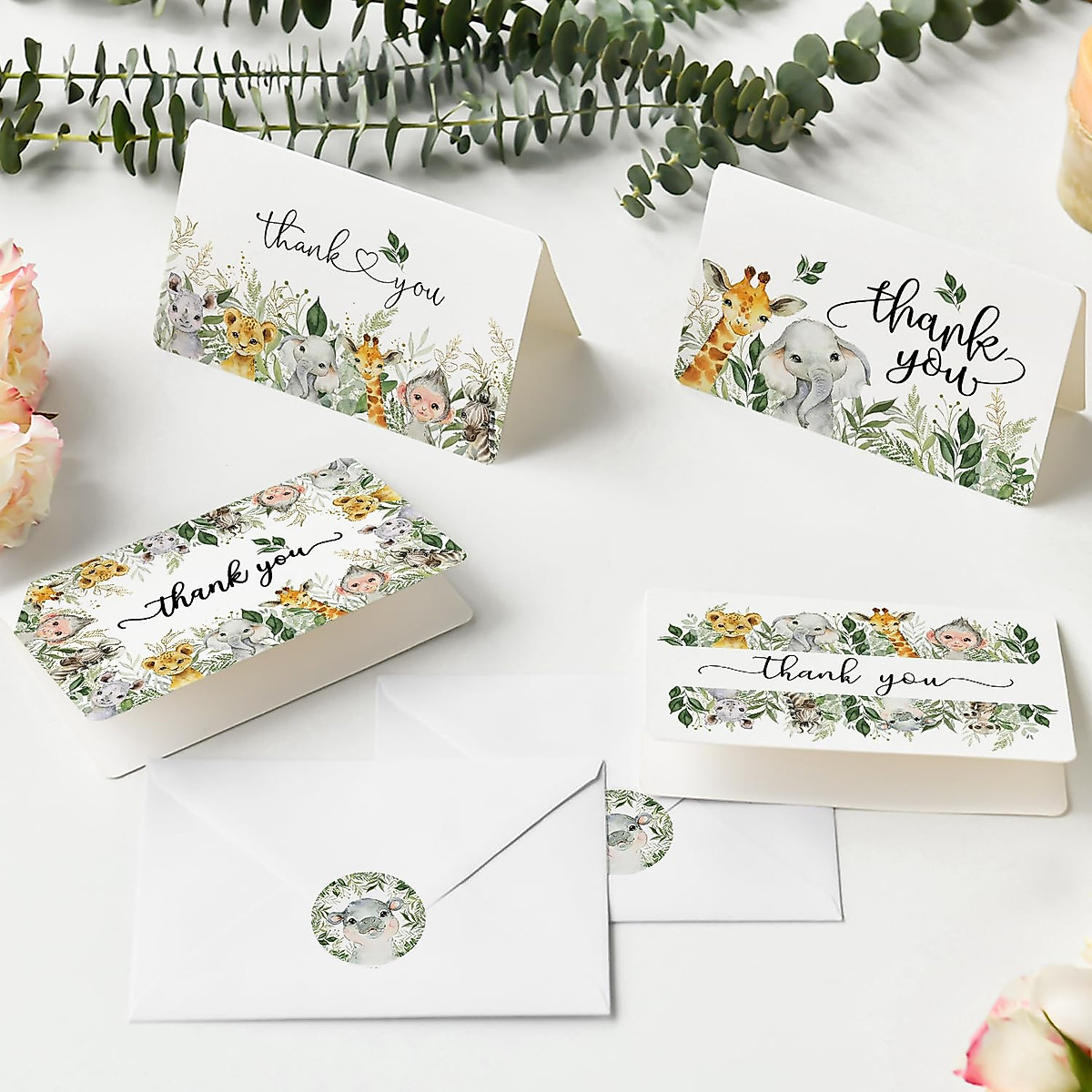 Artoid Mode 36 Pack Giraffe Elephant Thank You Cards Animal Greeting Cards Gift With Envelope Sticker Blank Note Cards for Birthday Wedding Baby Shower Bridal Shower, 4 x 6 Inch