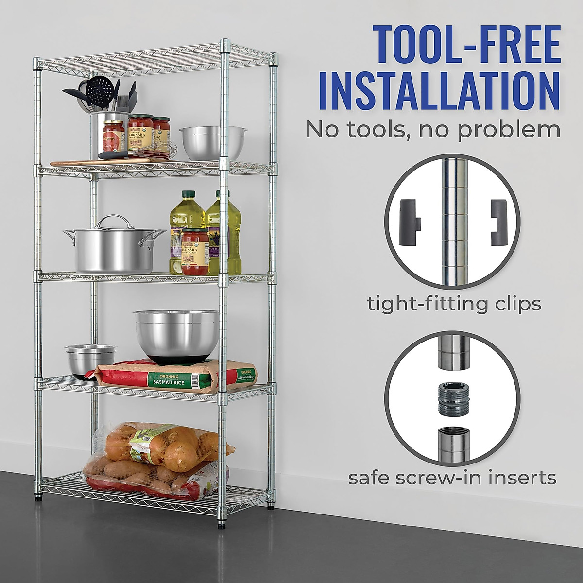 SafeRacks - NSF Certified Storage Shelves, Zinc, Heavy Duty Steel Wire Unit with Adjustable Feet, Garage or Bakers Rack, Kitchen, Pantry Shelf - (14"x30"x60" 5-Tier) (Silver)