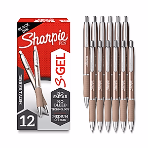 SHARPIE S-Gel, Gel Pens, Sleek Metal Barrel, Champagne, Medium Point (0.7mm), Black Ink, 12 Count