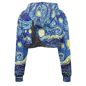 DISNIMO Van Gogh Starry Night Crop Top Hoodie for Women Teen Girls L Long Sleeve Shirt Athletic Sweatshirt Drawstring Hooded Pullover Tops Fall Outfits Running Gym Sport Clothing
