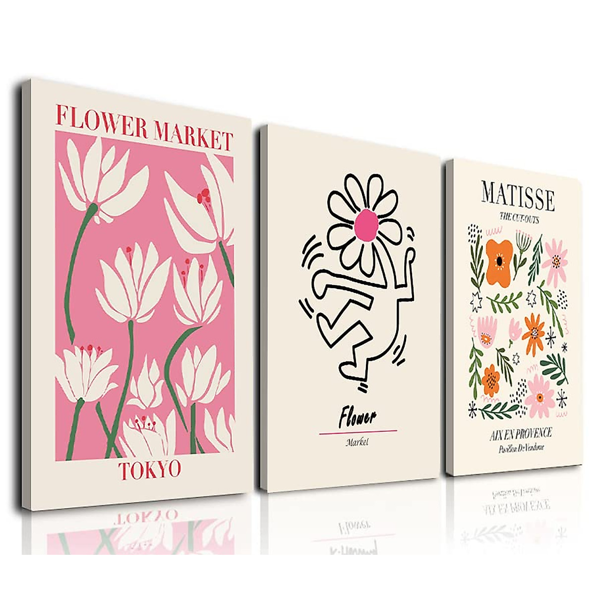 Matisse Wall Art Set of 3, Abstract Matisse Wall Art Exhibition Posters, Pink Beige Flower Market Posters, Minimalist Framed Flower Market Wall Art, Canvas Matisse Prints Painting for Aesthetic Room, Bedroom, Living Room Wall Decor（12x16inch)