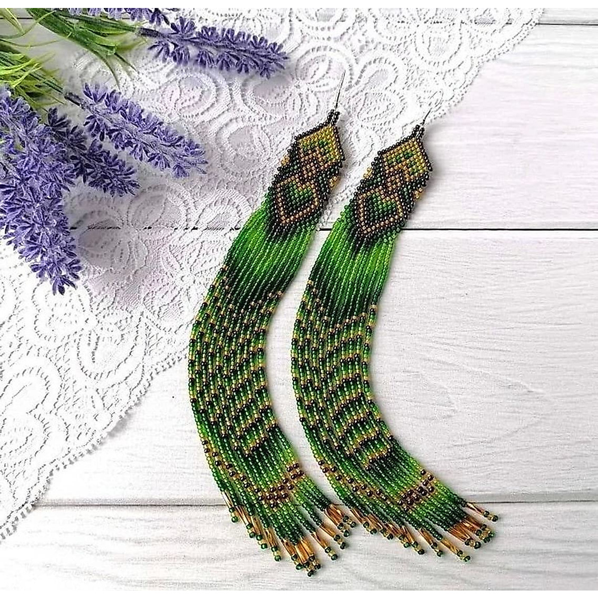 Long Beaded Tassel Earrings Unique Bohemian Bead Fringe Dangle Earrings Handmade Drop Tribal Earrings By BLUESTAR FASHION (Green)