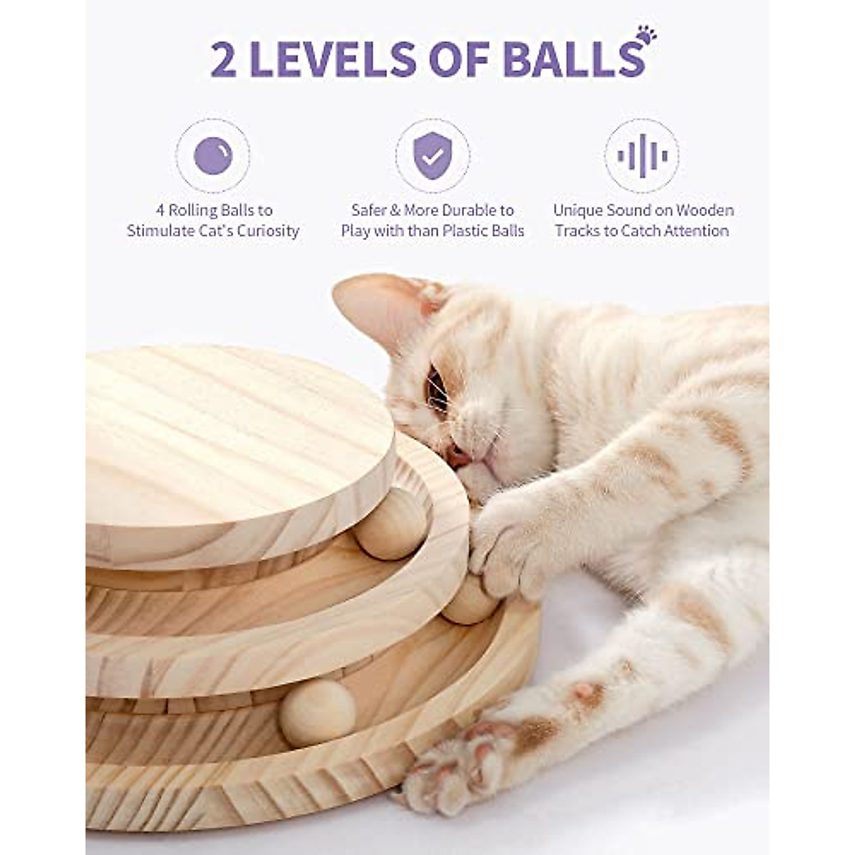 Made4Pets Cat Scratching Post Cat Scratcher Toy Wooden Two-Layer Cat Turntable with Interactive Balls and Dangling Ball