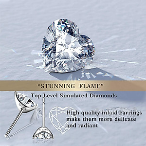 "STUNNING FLAME" 18K White Gold Plated 925 Sterling Silver Cubic Zirconia Heart Shape Cut Stud Earrings | CZ Studs for Women（Heart ，7）