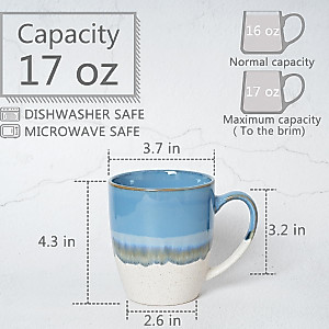 Bosmarlin Ceramic Coffee Mug Set of 4, 17 Oz, Coffee Cups with Big Handle, Microwave Safe, Unique Reactive Glaze