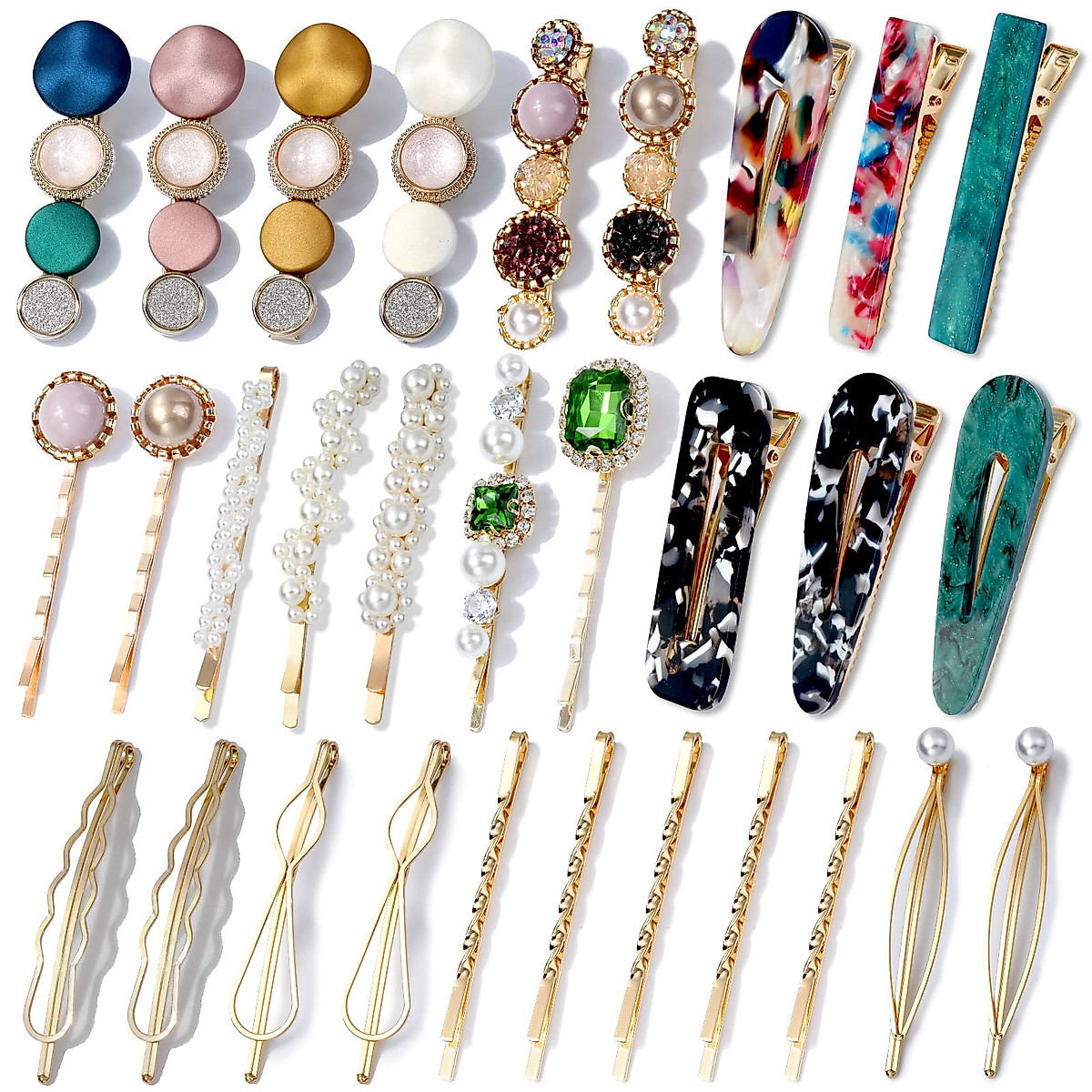 30 Pcs Acrylic Resin Barrettes, Cridoz Barrettes and Pearl Hair Clips for Women, Banges Hair Accessories