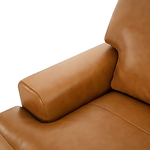 Naomi Home Siggy Genuine Leather Loveseat - Luxurious Comfort, Goose Feather Cushion Filling, Square Arm Design, Sturdy Block Legs, Elegant Tan - Ideal for Living Room, Office, or Bedroom